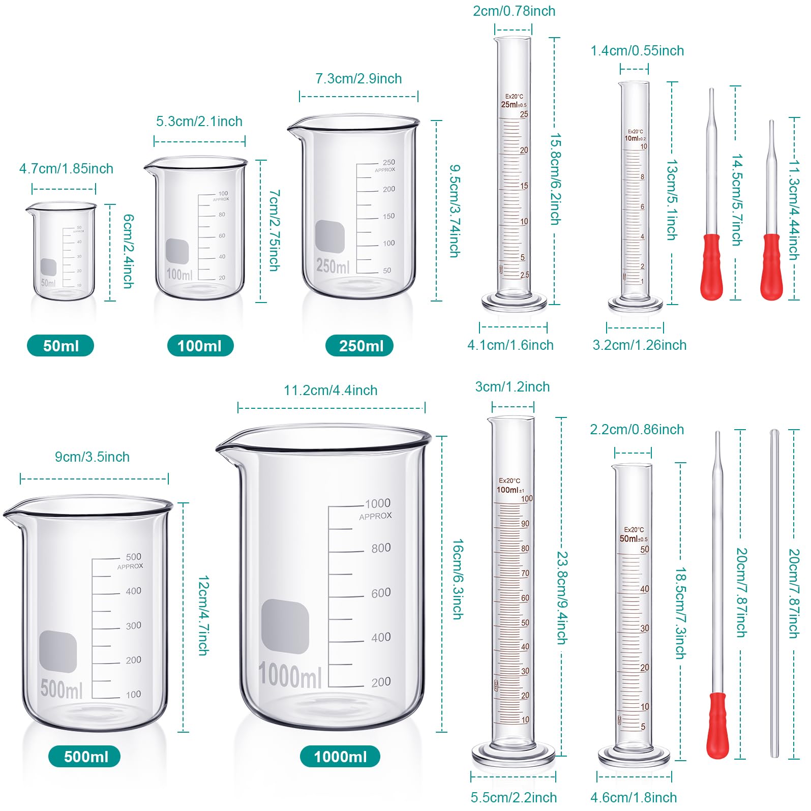 Glass or Plastic Graduated Cylinder Beaker Set, Thick Lab Cylinders (10 ml, 25 ml, 50 ml, 100 ml), Beaker (50 ml, 100 ml, 250 ml, 500 ml, 1000 ml) with 3 Dropper 4 Stirring Rod 7.9 Inch(Glass)