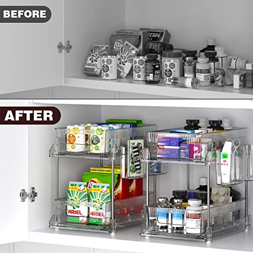 2 Tier Bathroom Organizer with Dividers,1 Set Clear Under Sink Organizers Storage Slide Out Bathroom Vanity Counter Storage Container with 4 Cups for Kitchen Pantry Cabinet Closet, Medicine Organizer
