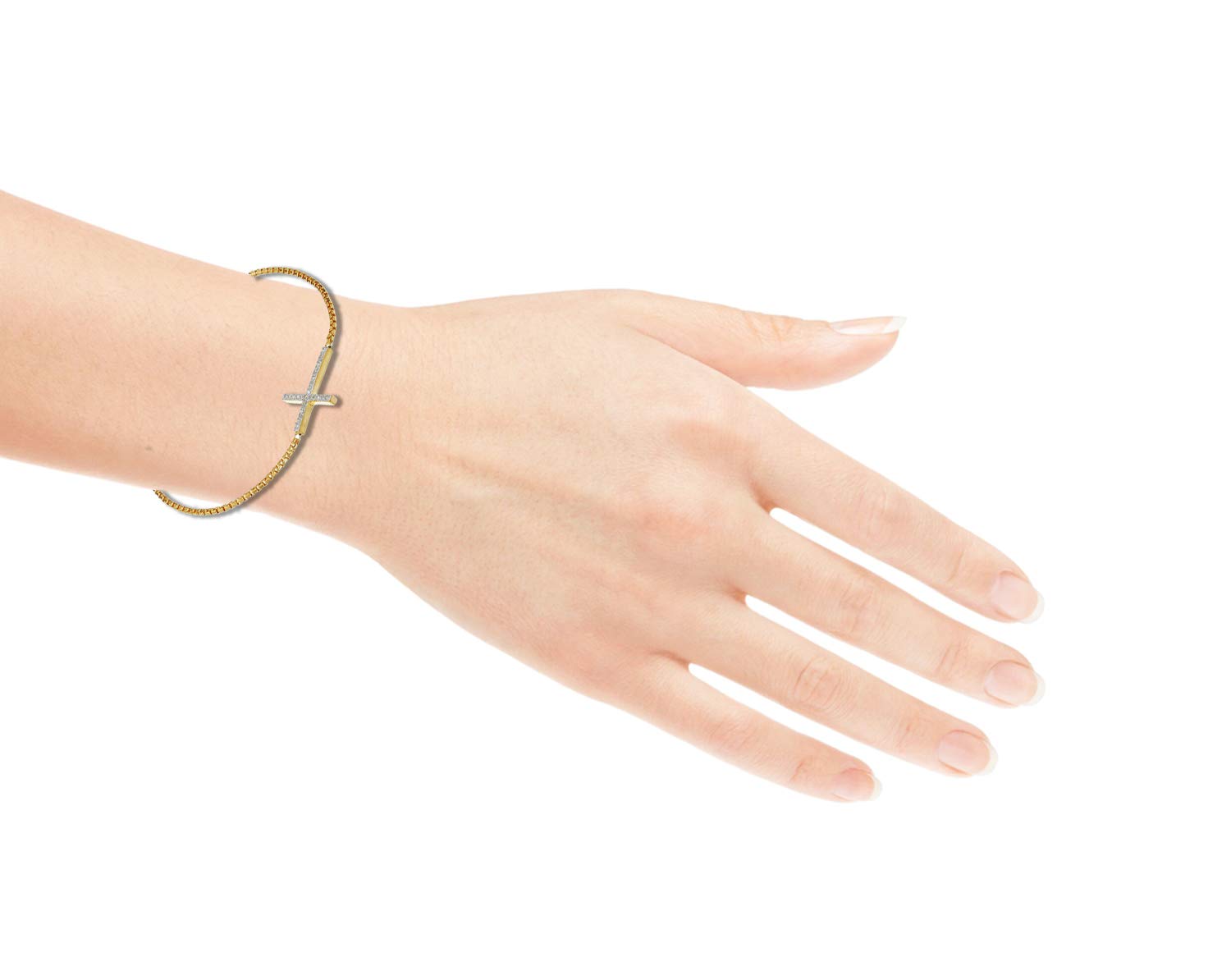 18k Gold Plated Sterling Silver Diamond Cross Bolo Adjustable Bracelet (1/10cttw, I-J Color, I2-I3 Clarity), 9"
