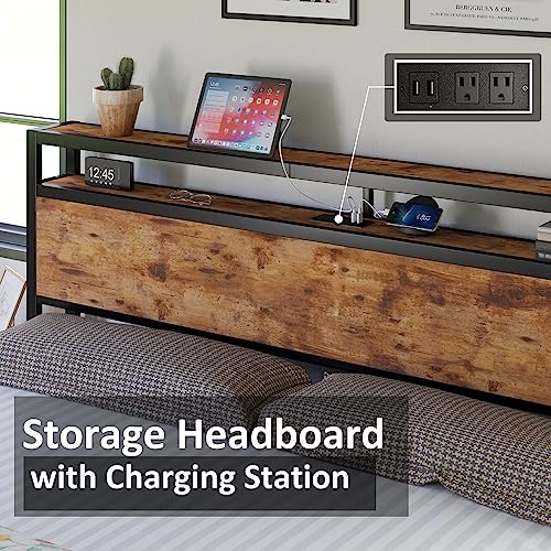 AMERLIFE King Size Bed Frame Industrial Platform Bed with Charging Station, 2-Tier Storage Headboard/No Box Spring Needed/Noise-Free/Dark Brown