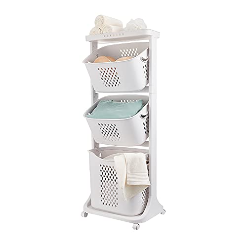 3 Tier Laundry Basket Clothes Storage Basket Rolling Washing Hamper with Wheel Dirty Clothes Basket Multi-layer Clothes Storage Basket Sorter for Kitchen Bedroom Bathroom