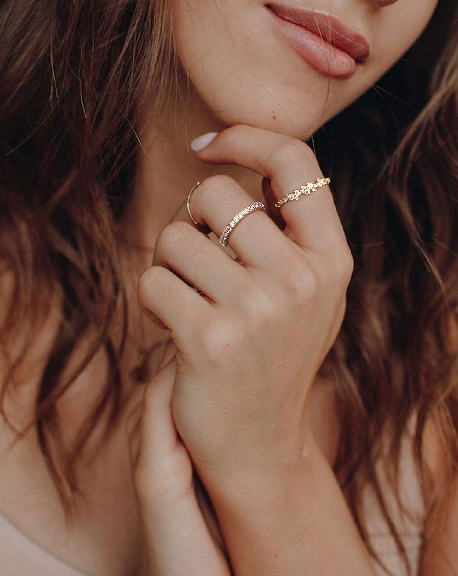 14k Gold Plated Wedding Rings for Women Silver Rings Stacking Simulated Engagement Bands Set Round 5A CZ Dainty Rings Size 8 by KOOLFIN