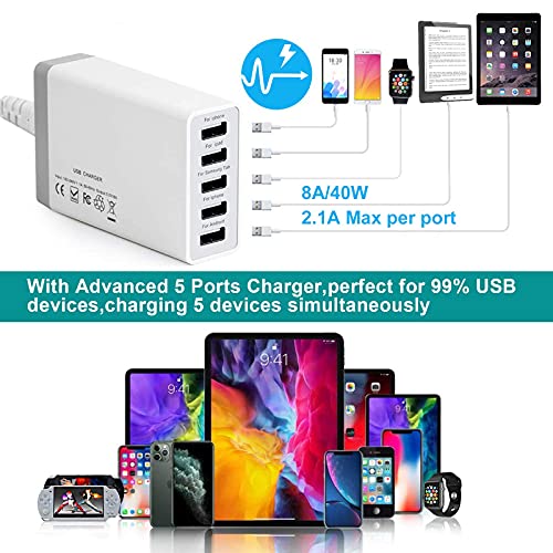 Bamboo Cell Phone Charging Station, Charger Organizer for Multiple Devices Compatible with Cell Phones, Watch, Tablet (with Watch Stand, 5 Port USB Charger, 6 Charger Cables) -BambuMate