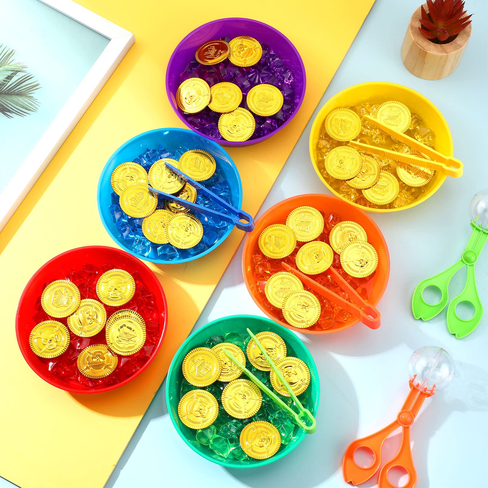 172 Pcs Fine Motor Skills Toys Sensory Bin Filler Including 80 Pcs Pirate Gold Coins 80 Pcs Pirate Gems 6 Pcs Sorting Bowls 2 Pcs Scissors Clip 4 Plastic Tweezers for Education Sorting Counting