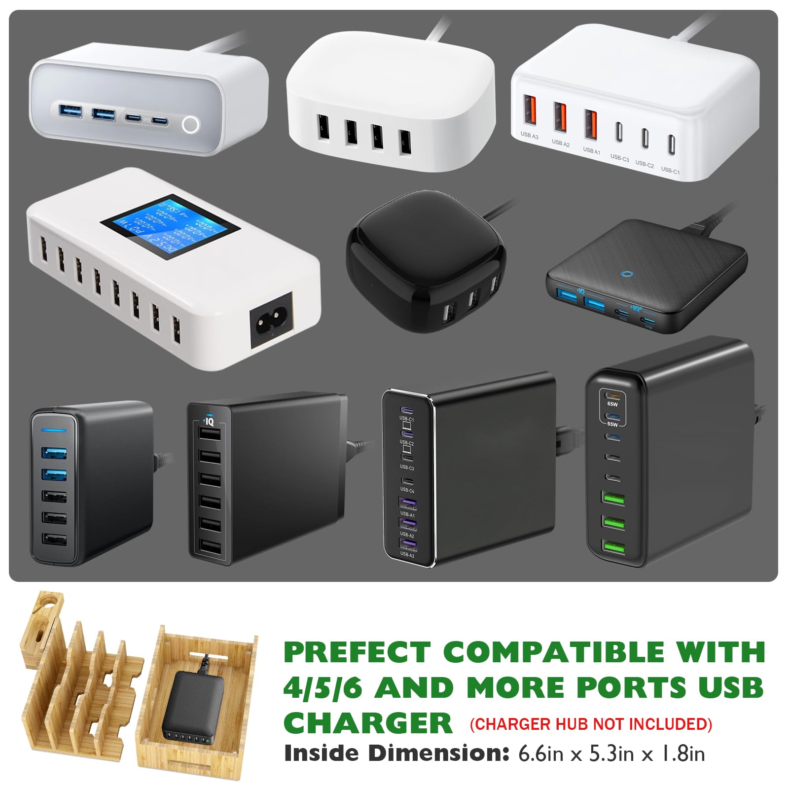 Bamboo Charging Station for Multiple Devices with Integrated Watch & Earbuds Stand, Desktop Charging Docking Station Organizer for Cell Phone, Tablet, 5 Charging Cables Included(No Power Supply)