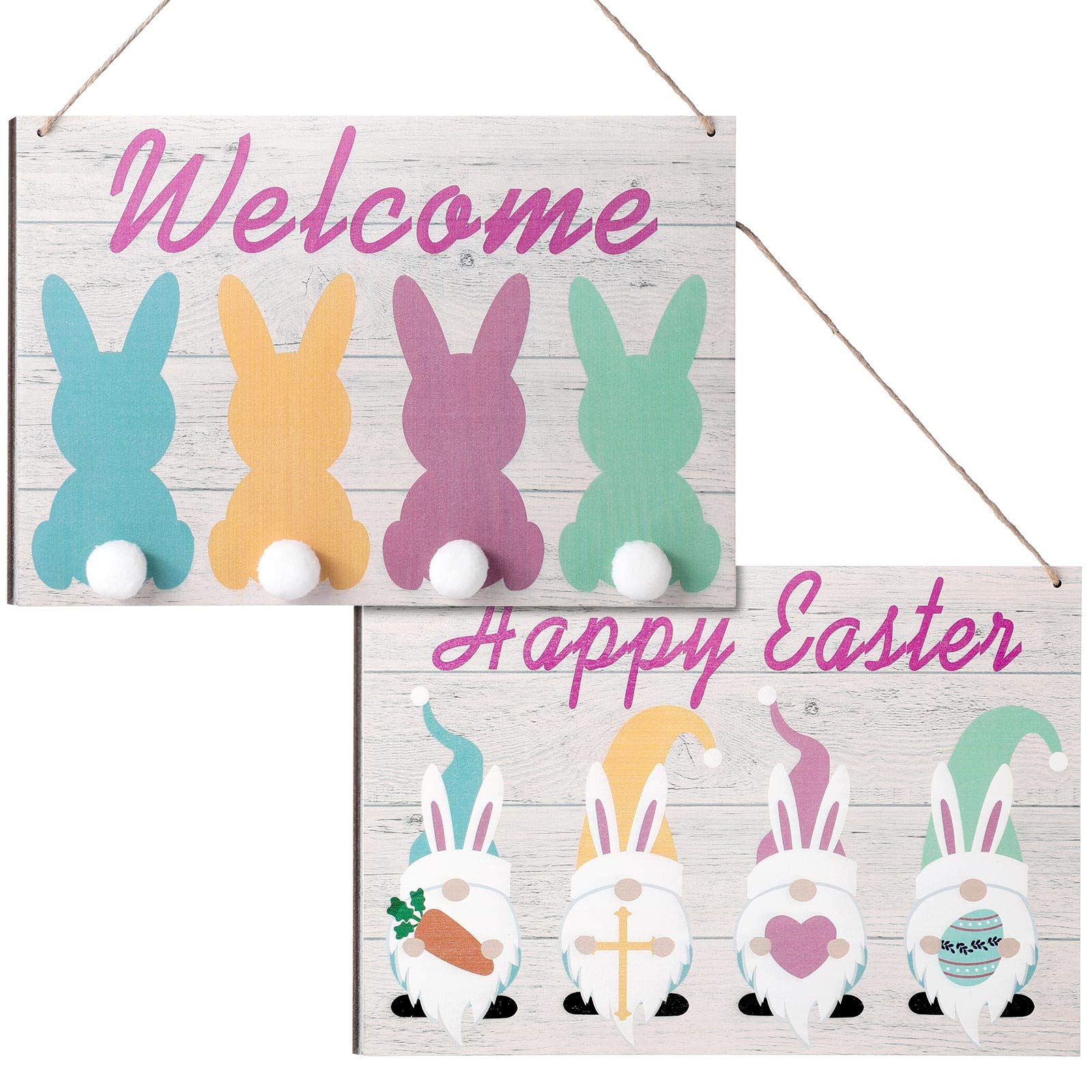2 Pieces Happy Easter Wooden Sign Easter Hanging Wood Decor Easter Welcome Door Sign Gnome Bunny Eggs Wood Easter Decorations for Home Garden Spring Party, 12 x 7.8 Inch