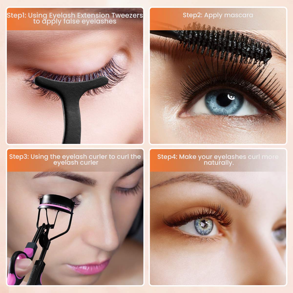 Eyelash Curler, HOCOSY 4 in 1 Eyelash Curlers Kit for Women Includes Lash Curler, Eyelash Brush, Eyelash Extension Tweezers, Eyebrow Brush and Comb, Silicone Refill Pads for Natural Eyelashes