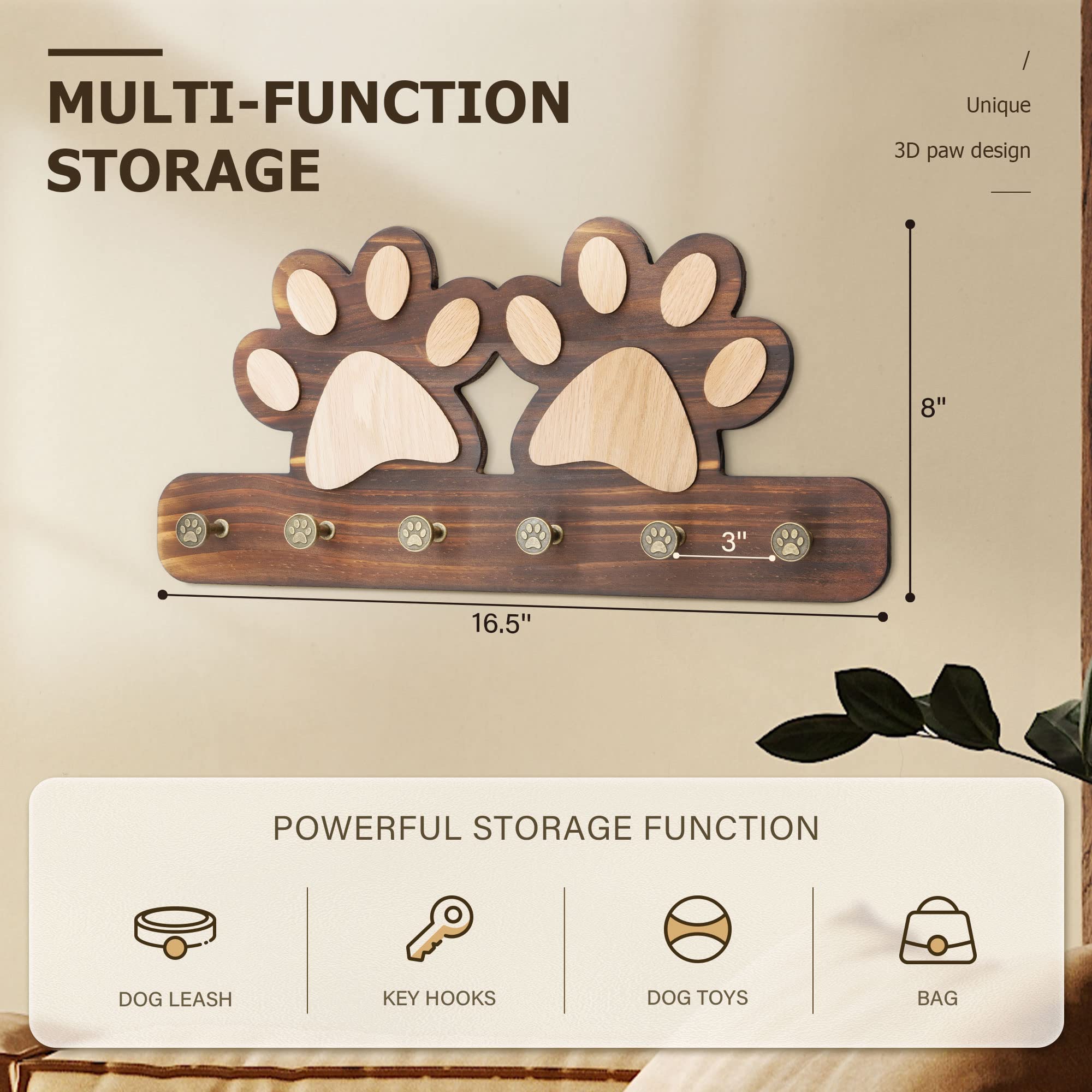 MTERSN Farmhouse Key Holder for Wall - Decorative Dog Leash Hanger Wall Mounted and Coat Rack with 5 Unique 3D Dog Claw Hooks - Dog Accessories Organizer for Rustic Home Decor(Brown)