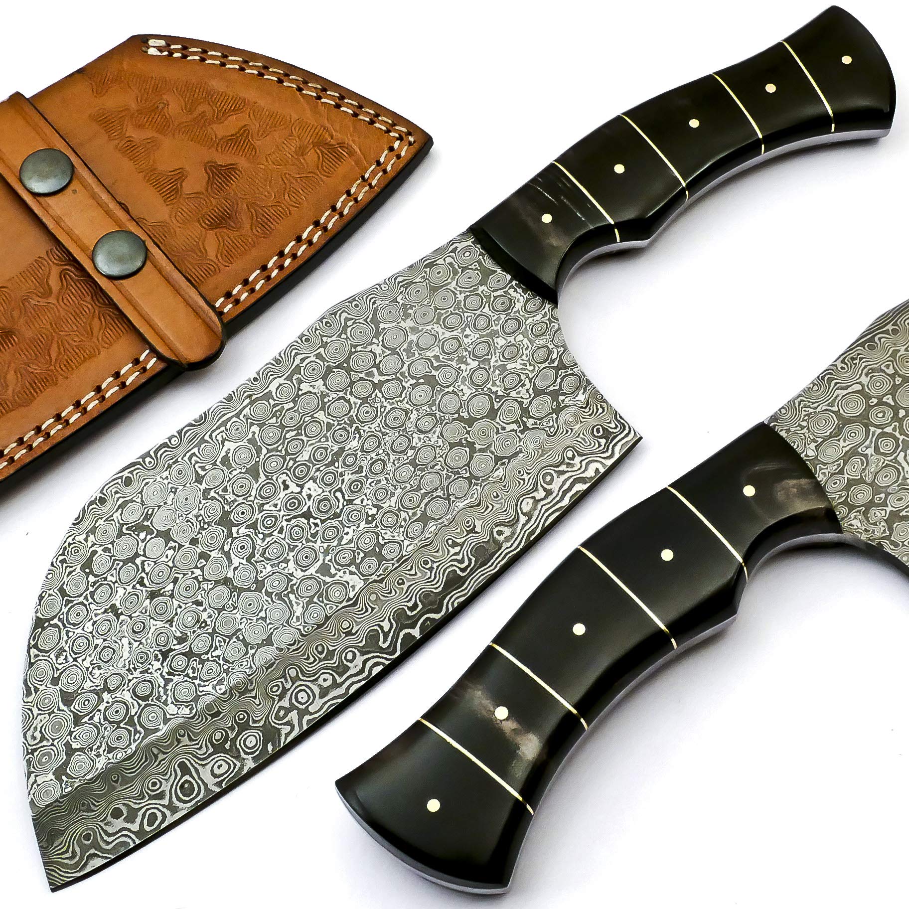 CK-104 Hand Forged 224 Layers Damascus Steel Chef's Cleaver Full Tang Horn Handle, Sharp Blade With Leather Sheath