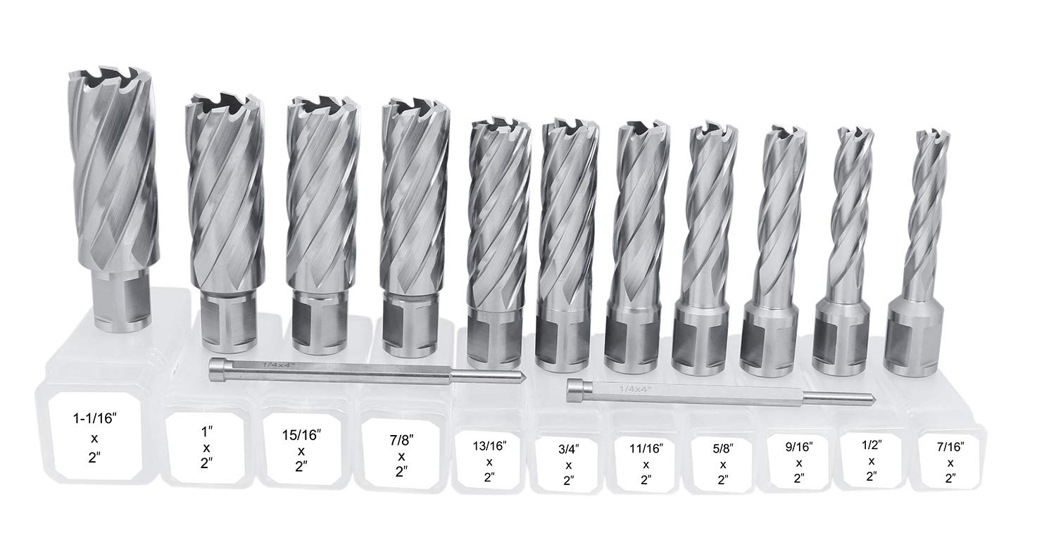 Accusize Industrial Tools 13 Pcs/Set 7/16'' to 1-1/16'' H.S.S. Annular Cutters, 2'' Cutting Depth with 2 Pilot Pins, N1