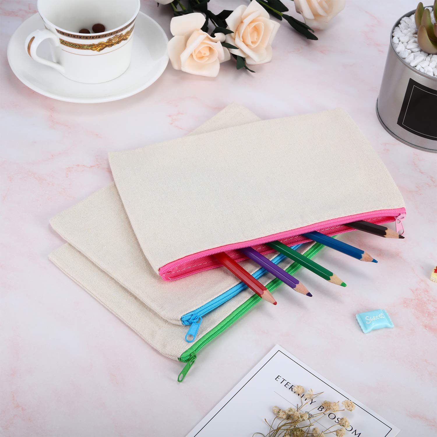 12 Pieces Multipurpose Canvas Cosmetic Bag Makeup Pouches with Zipper Canvas Bag Blank Makeup Bag Plain Pencil Pouch Travel Toiletry Bag for Women Girls DIY