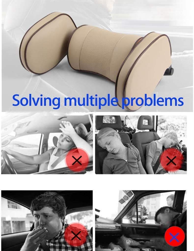 Car Seat Headrest Pillow, Support Neck Pillow Head Protection Cervical Spine Adjustable on Both Sides Telescopic Version PU Leather Universal for Kids Adults Travel(Beige)