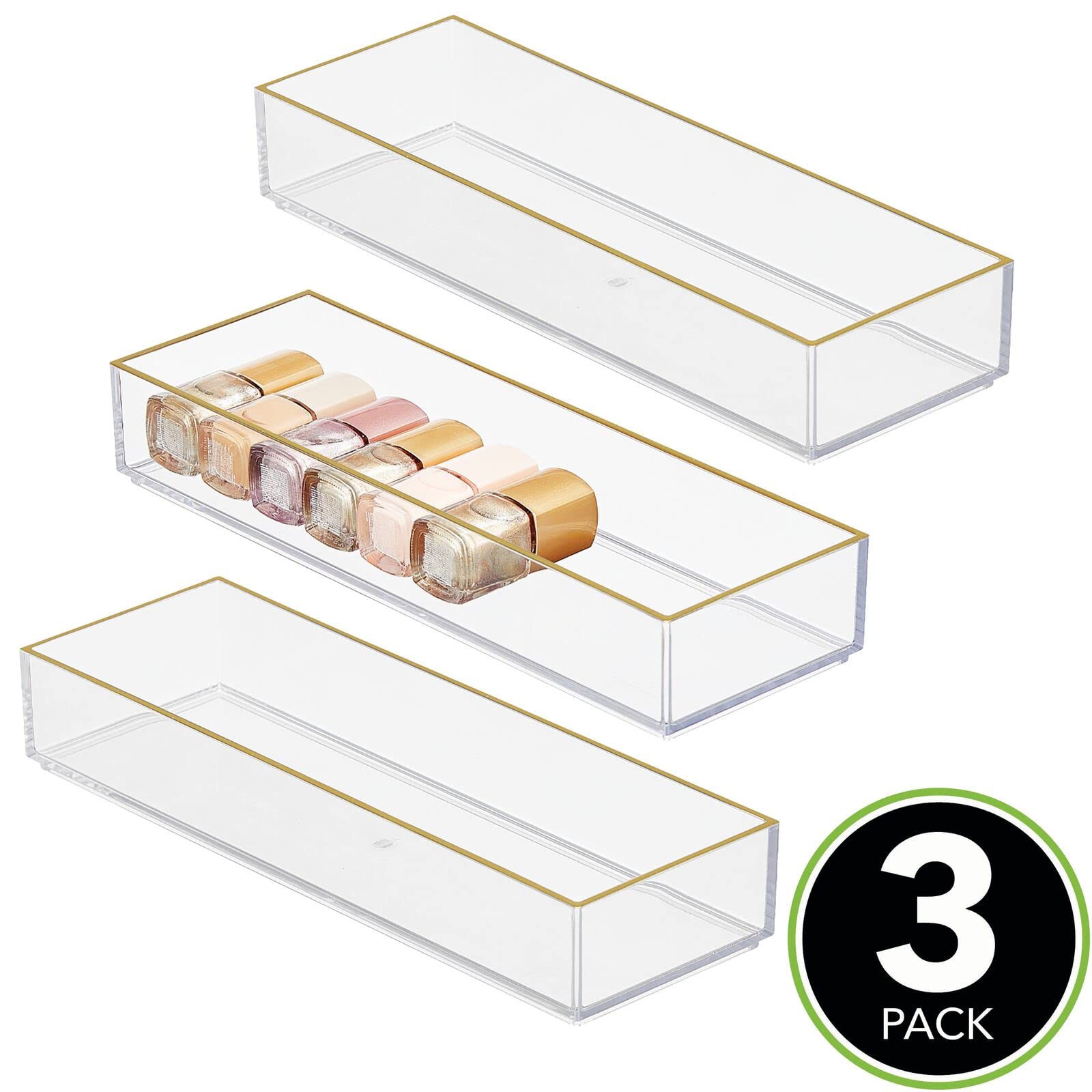 mDesign Slim Plastic Drawer Organizer, Storage Container for Cosmetics, Makeup, and Accessories on Bathroom Vanity, Countertop, or Cabinet - Lumiere Collection - 3 Pack - Clear/Soft Brass