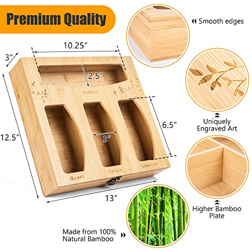 AKAT HOME Bamboo Ziplock Bag Storage Organizer & Baggie Dispenser for Kitchen Drawer β Wooden Zip Lock Container Holder Wall Gallon,Sandwich,Snack,Quart (Flip, Engraved, - M1)