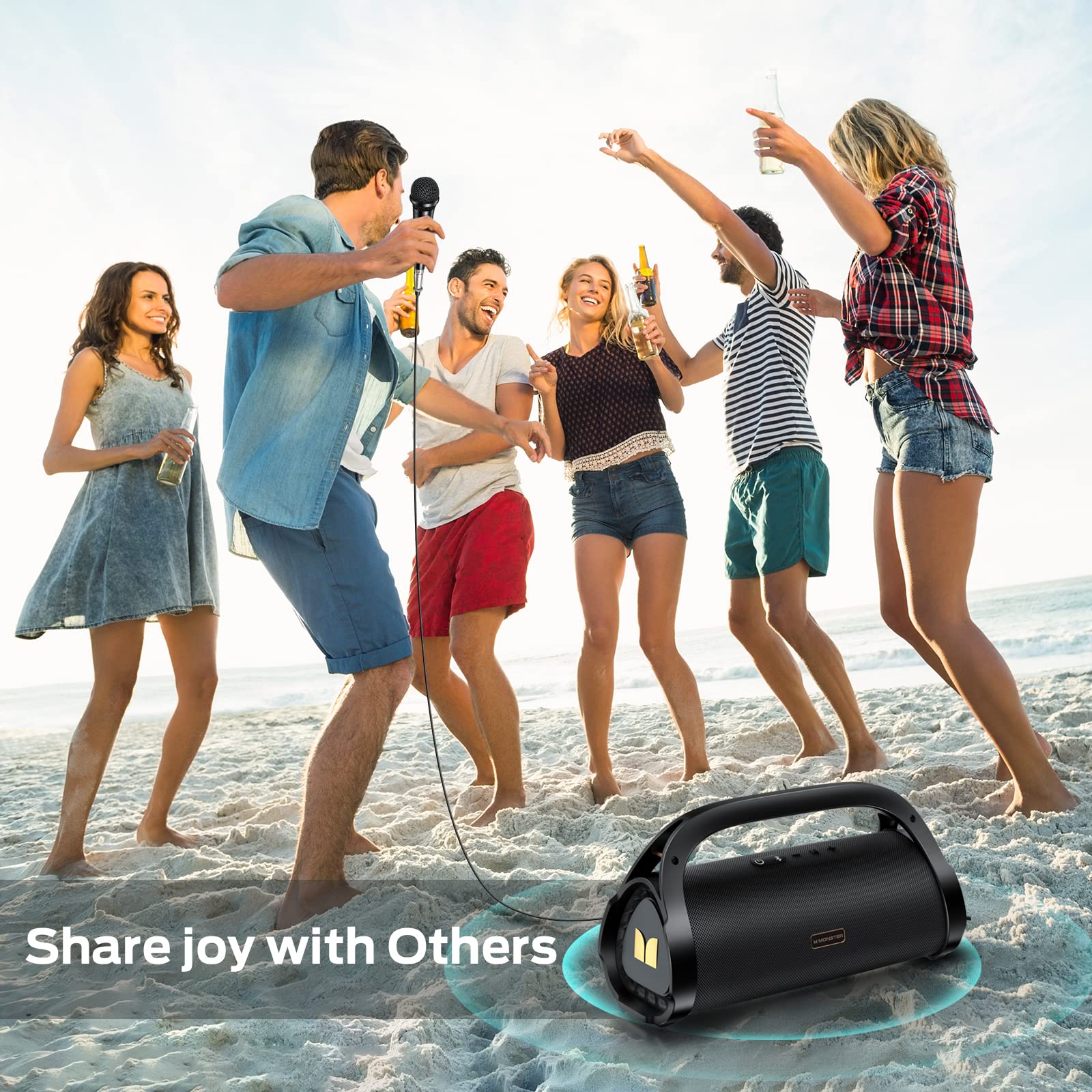 Monster Adventurer Max Bluetooth Speakers, IPX7 Waterproof Outdoor Bluetooth Speakers, Active Extra Bass, Fast Charging, with Microphone, Suitable for Beach, Parties, Gym, Black