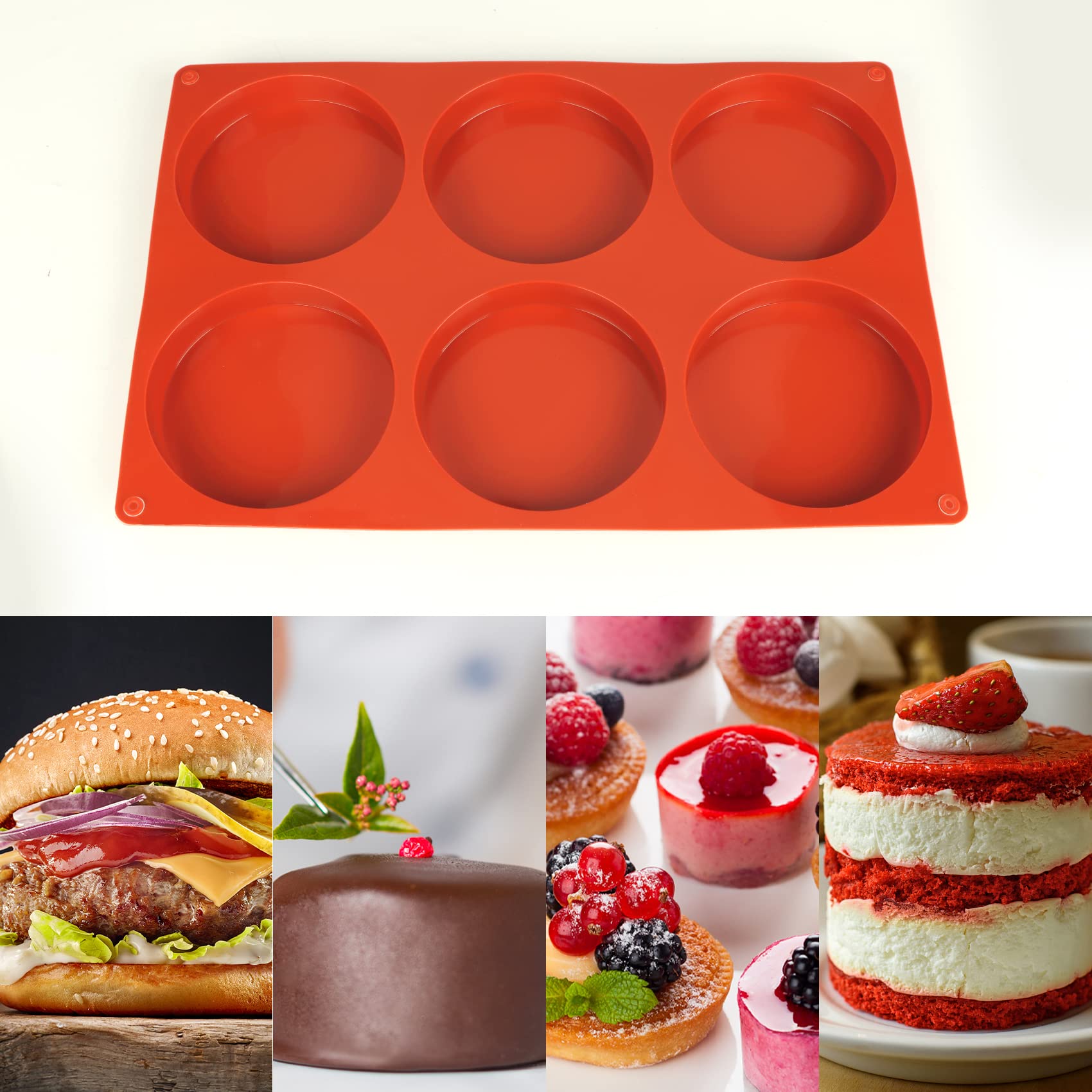 2 Pcs Large Silicone Molds for Baking, 6-Cavity Round Silicone Baking Mold, Non-Stick 4β Baking Disc Molds for Whoopie Pie, Egg Pan,Muffin, Candy, Soap, Hamburger, Resin Coasters (Red)