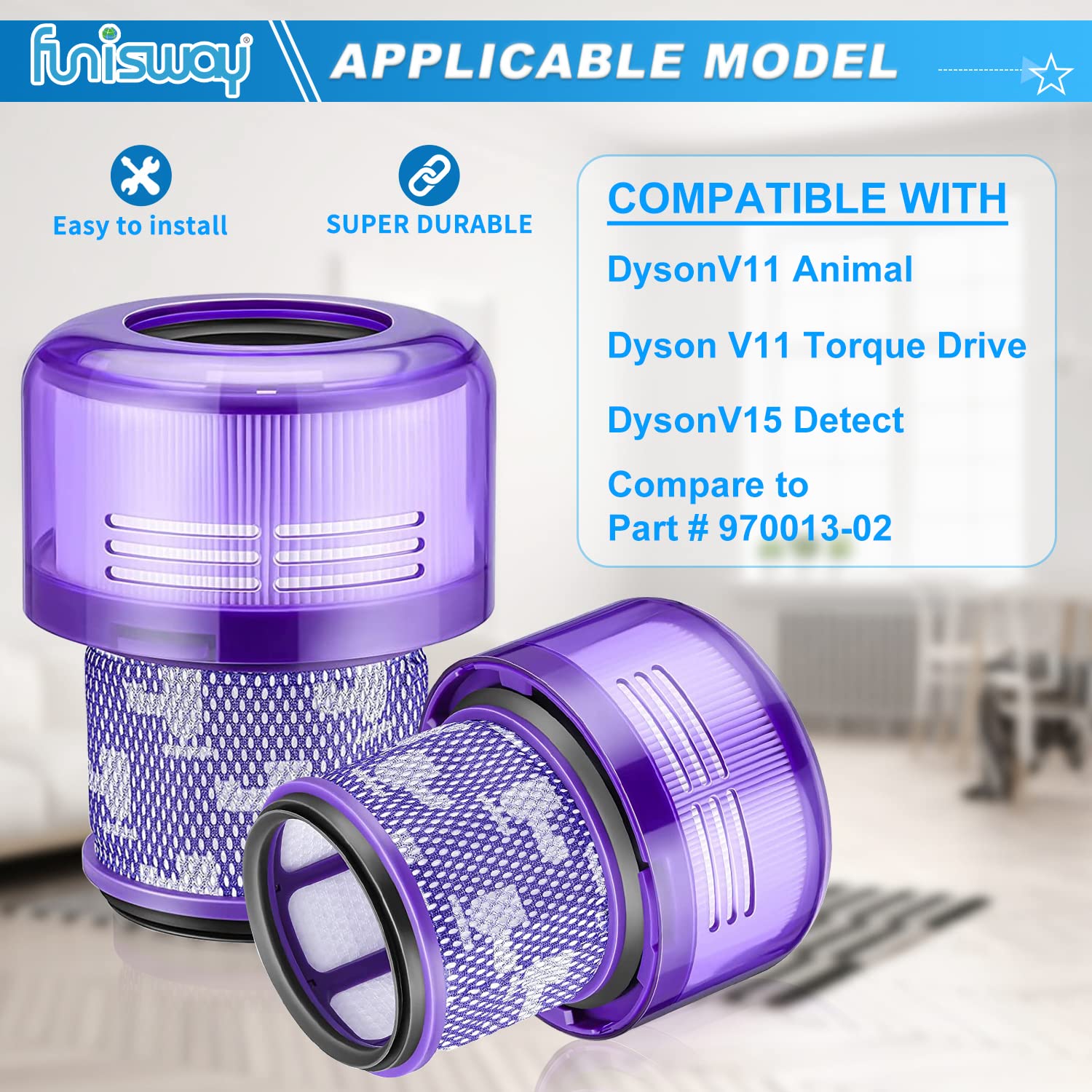 2 Pack Replacement V11 Filters for V11 Torque Drive V11 Animal V15 Detect Vacuum, Replace Part 970013-02