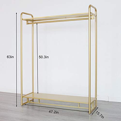 HOMEKAYT Gold Clothing Rack Modern Boutique Display Rack with 2-Tier Shelf Full Metal Garment Rack Multiple Uses Hanging Rack for Home and Retail (47.2ββL)