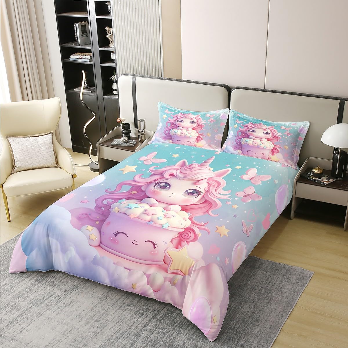 2 Pieces Unicorn Cream Duvet Cover 100% Nature Cotton Twin,3D Kawaii Animal Watercolor Sweet Comforter Cover with Zipper Closure,Dreamy Sky Butterfly Star Super Soft Bedding (Not Comforter)