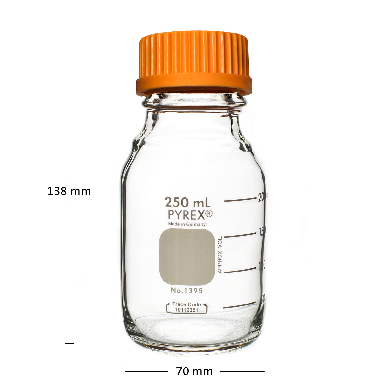 Pyrex Round Media Storage Bottle with GL45 Screw Cap - Borosilicate Glass Bottles with Caps - Premium Scientific Glassware for Labs, Classrooms or Home Use Glass Container, 250mL, 2/Pk