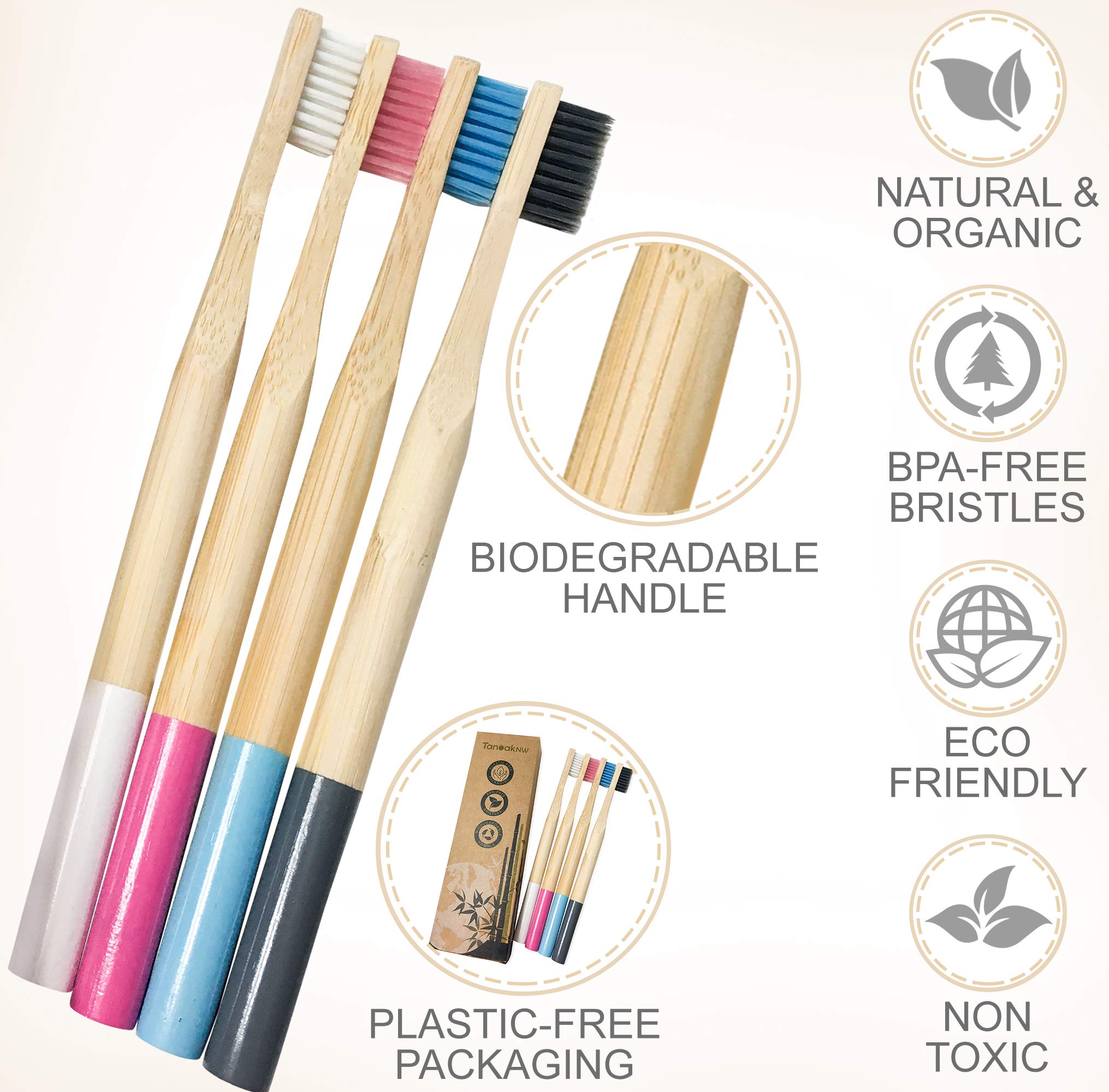 Bamboo Toothbrush Eco-Friendly Packs of 4 β Circular Organic Biodegradable handle with BPA-Free, Soft Nylon Bristle.