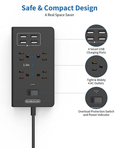 2 Prong Power Strip with Flat Rotating Plug, NTONPOWER 10ft Extension Cord Surge Protector, 4 Outlets 4 USB, 2 Prong to 3 Prong Outlet Adapter, 1700 Joules, Overload Protection for Non-Grounded Outlet