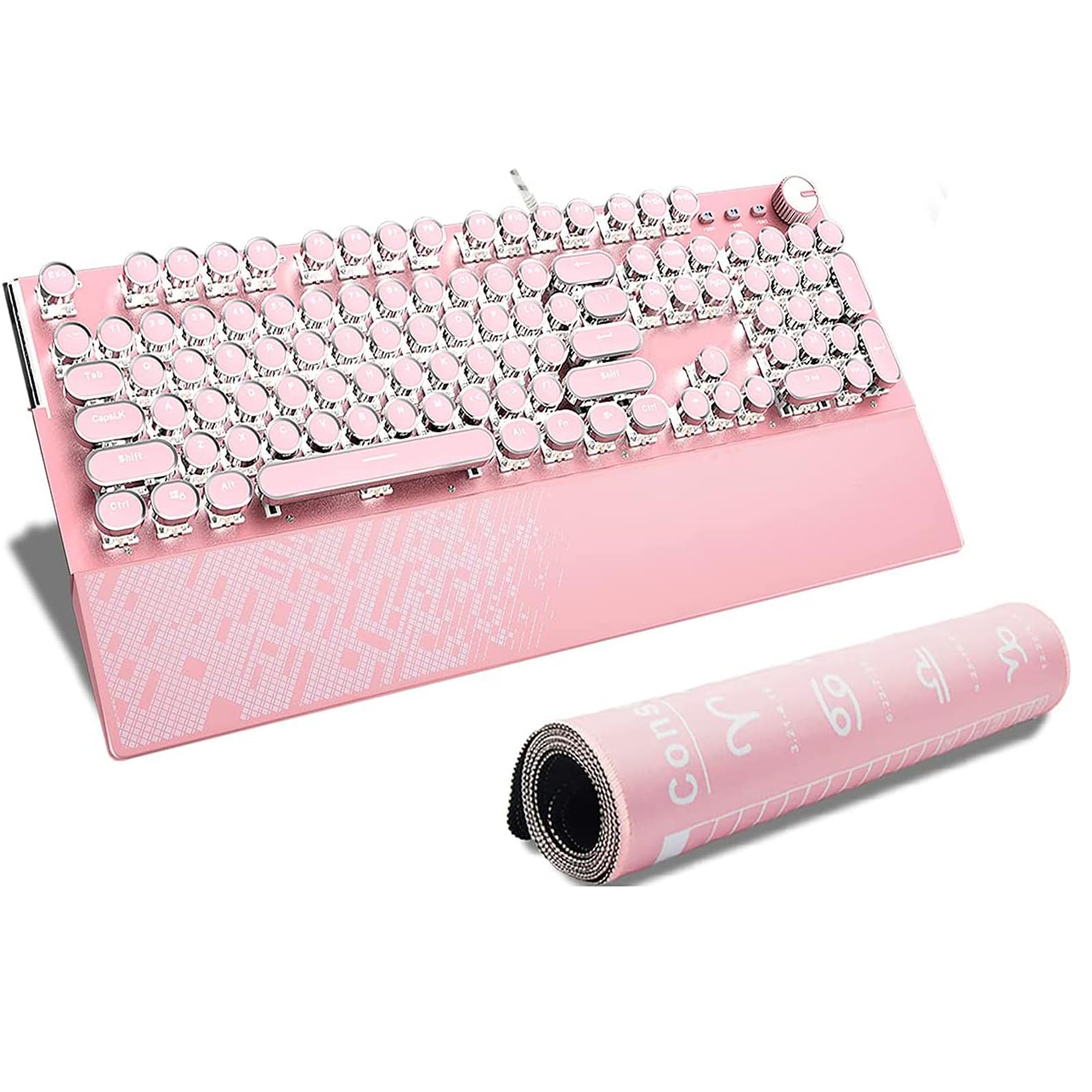 LIOURFE Pink Retro Typewriter Keyboard, Wired Mechanical Gaming Keyboard with Pure White Backlight, 104 Keys Retro Steampunk Vintage Keyboard with Blue Switches, Metal Panel Round Keycaps (Pink)