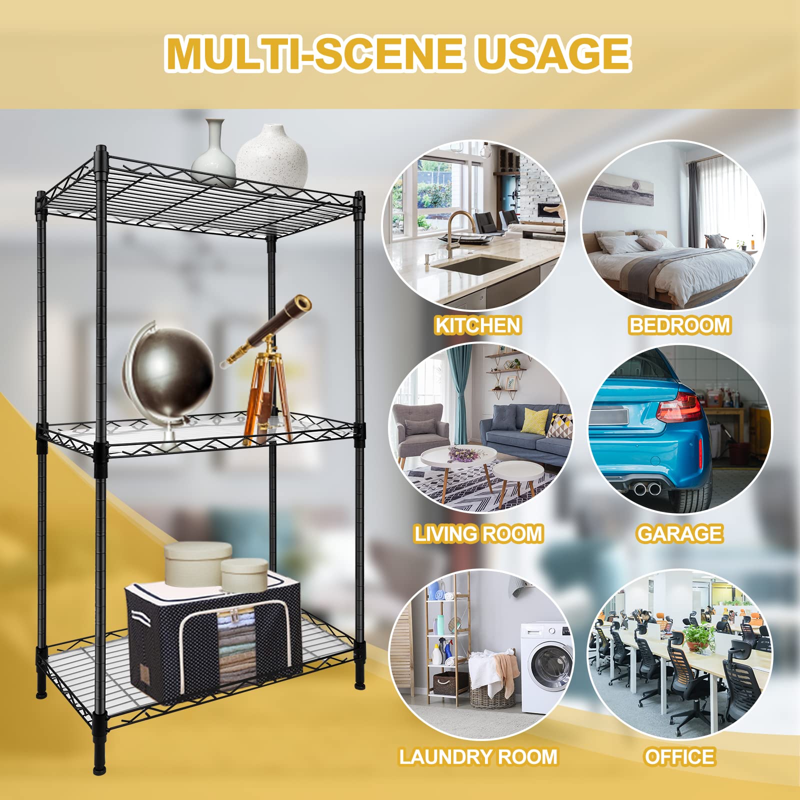 3-Tier Wire Shelving Unit and Storage, Shelves for Storage Height Adjustable Metal Wire Rack Shelving for Garage Kitchen Pantry Closet Laundry Bathroom Load 265LBS (21.5 x 11.5 x 35.5 inch)