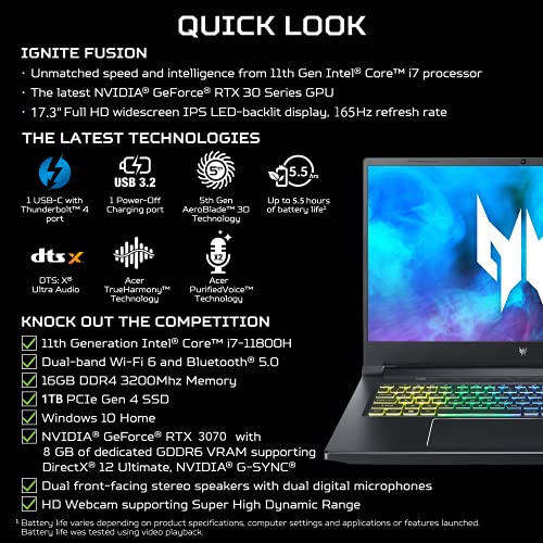 Acer Predator Helios 300 PH317-55-77S4 Gaming Laptop | Intel i7-11800H | NVIDIA GeForce RTX 3070 Laptop GPU | 17.3" QHD 165Hz 3ms IPS Display | 16GB DDR4 | 1TB SSD | Killer WiFi 6 | RGB Keyboard