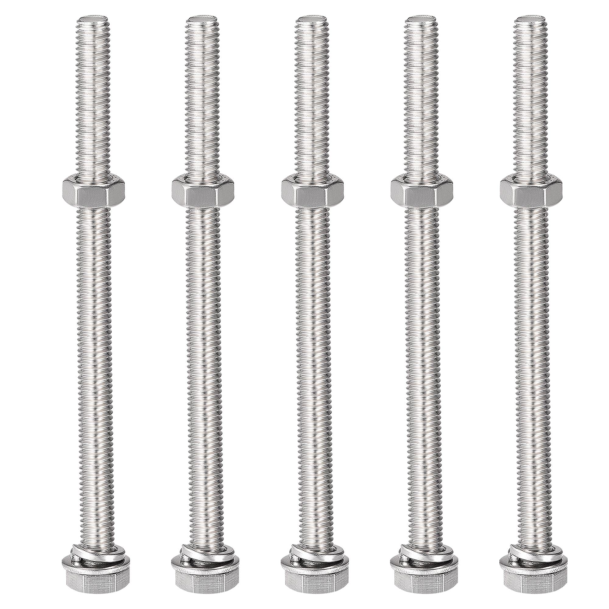 uxcell M8 x 120mm Hex Head Screws Bolts, Nuts, Flat & Lock Washers Kits, 304 Stainless Steel Fully Thread Hexagon Bolts 5 Sets