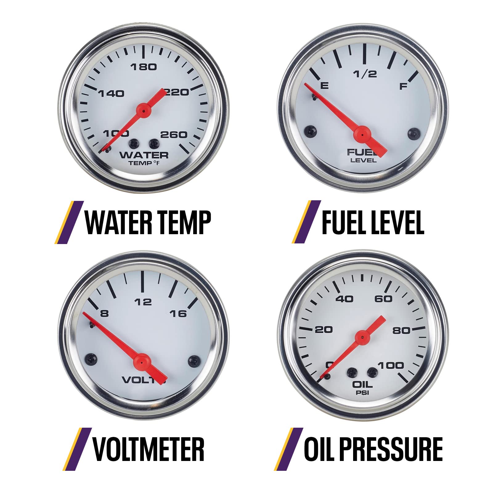 5-Gauge Set Complete Kit: 3-3/8" Mechanical Speedometer, 2-1/16" Component Gauges with White Face, Red Pointer & Chrome Bezel, Includes Tubing, Adapters, Fuel Level Sender