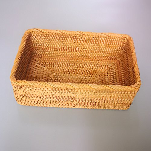 amololo Handmade Rectangle Wicker Fruit Box Rattan Tray Magazine Organizer and Small Objects Container Serving Basket (Large)