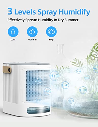 3-IN-1 Portable Air Cooler, USB Powered Desktop Cooling Fan, 3 Levels Spray Humidify & 3 Speeds Personal Air Conditioner Fan w/8 Night Light Modes, Evaporative Air Cooler for Small Room/Office/Camping