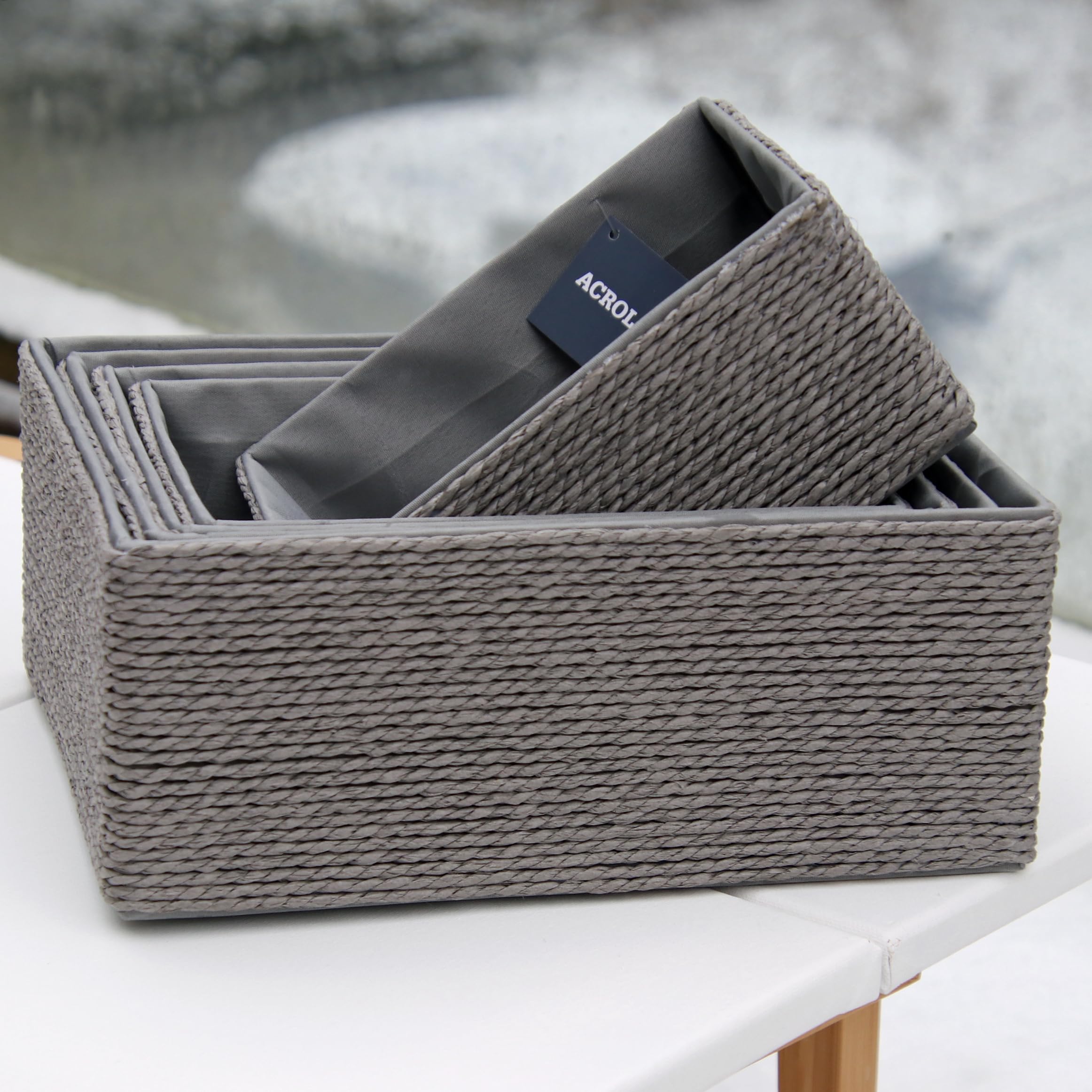 Acrola Premium 5-Pack Woven Paper Rope Storage Baskets, Multi-Size, Stackable, Versatile Organziers, Decorative Bins with Durable Fabric Liner for Home, Office, Nursery, and Bathroom, ST05002 (Grey)
