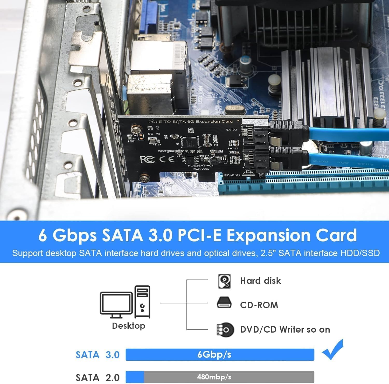 BEYIMEI PCIe SATA Card 2 Ports, PCI-E to SATA Expansion Card,6Gbps PCI-E (2X 4X 8X 16X) SATA 3.0 Controller Card for Windows10/8/7/XP/Vista/Linux,Support SSD and HDD