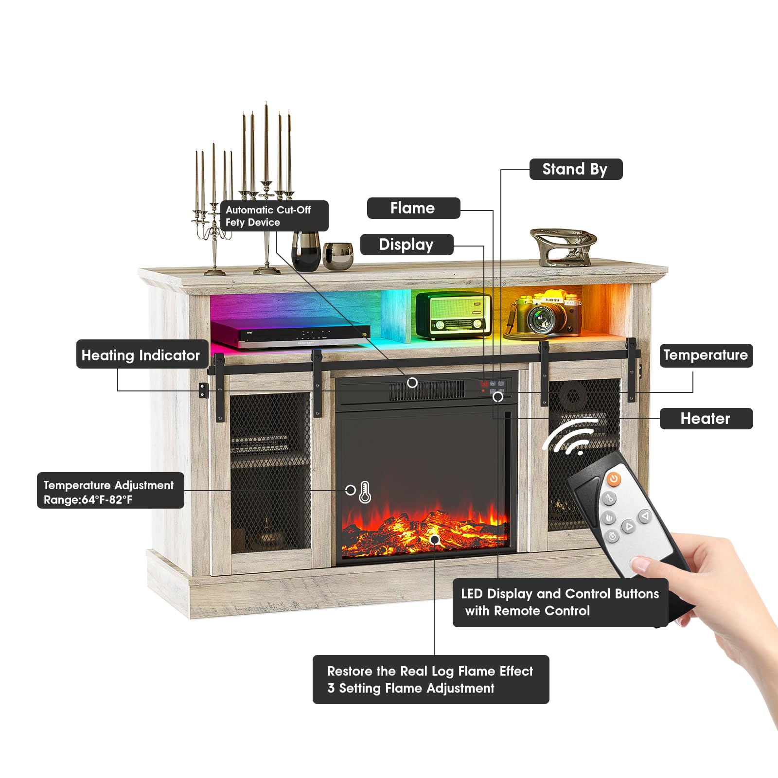18" Electric Fireplace Insert, Recessed Fireplace Heater with Low Noise, Remote Control with Timer, Touch Screen, Adjustable Flame Brightness