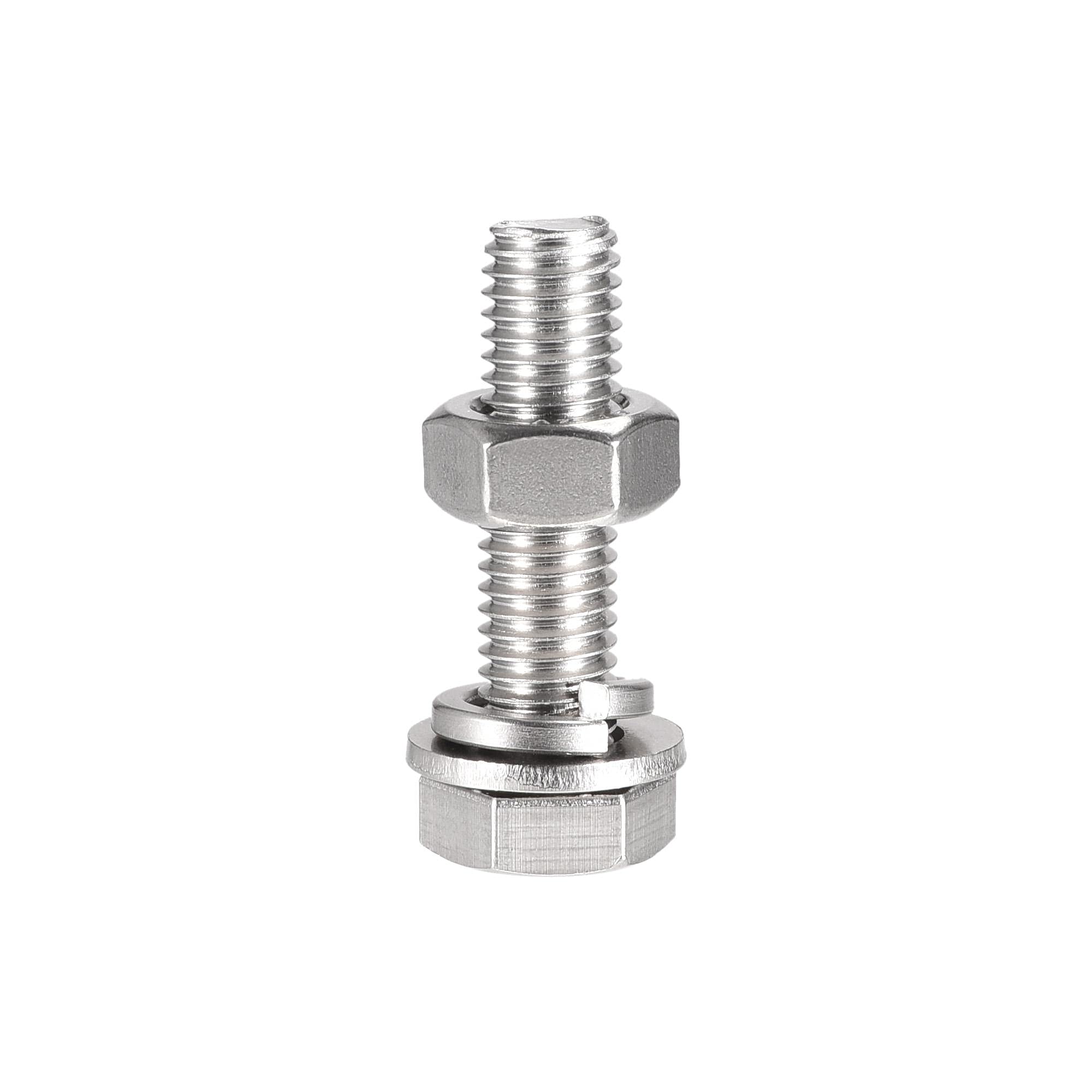 uxcell M10 x 45mm Hex Head Screws Bolts, Nuts, Flat & Lock Washers Kits, 304 Stainless Steel Fully Thread Hexagon Bolts 6 Sets