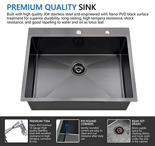 28 Inch Drop In Black Stainless Steel Kitchen Sink, Doirteal 28 x 22 x 10 Inch Matte Black Kitchen Sink 16 Gauge Stainless Steel Topmount Single Bowl Sink Single Basin with Bottom Grid