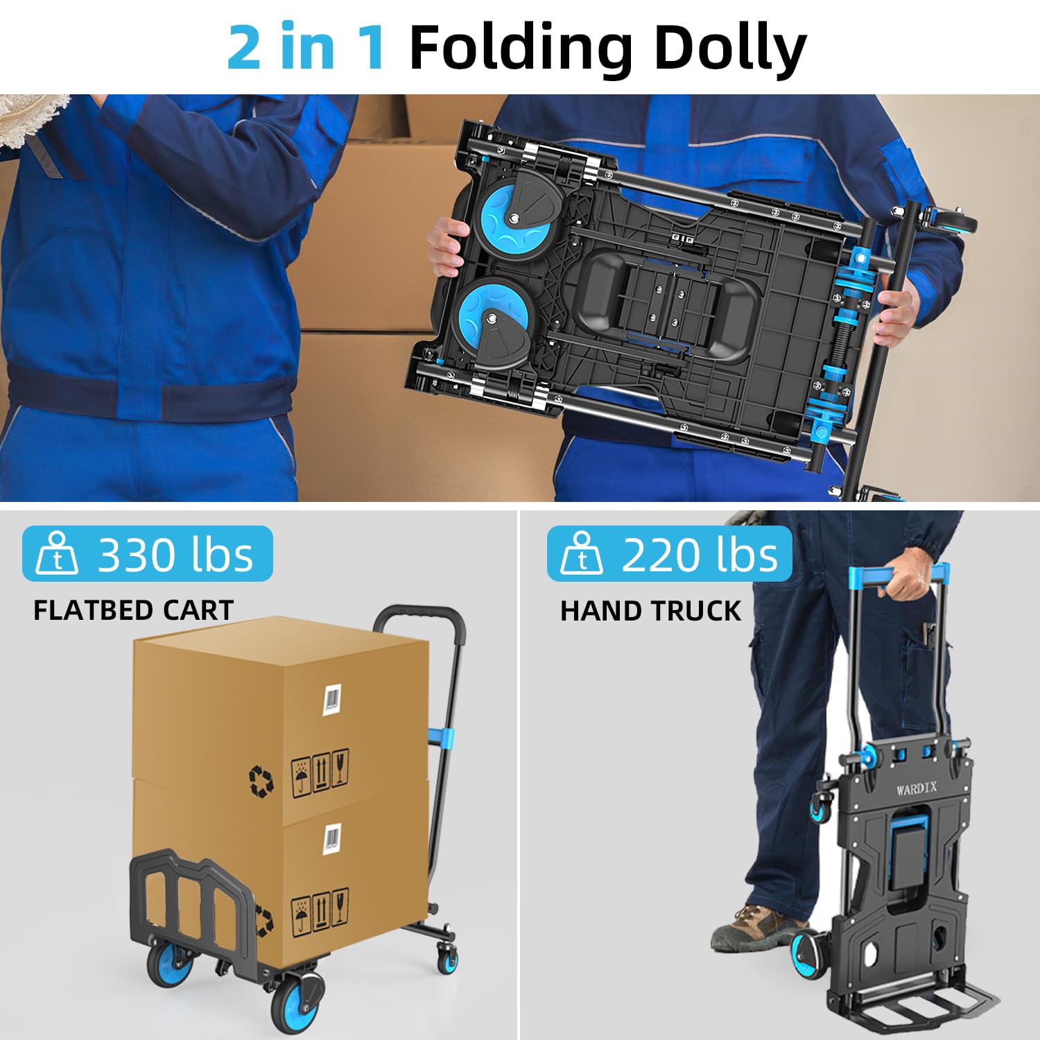 2 in 1 Folding Hand Truck Dolly with Folding Basket, 330LBS Capacity Foldable Dolly with 4 Wheels, Dolly Cart with 3-Gear Retractable Handle, Collapsible Rolling Carts for Moving