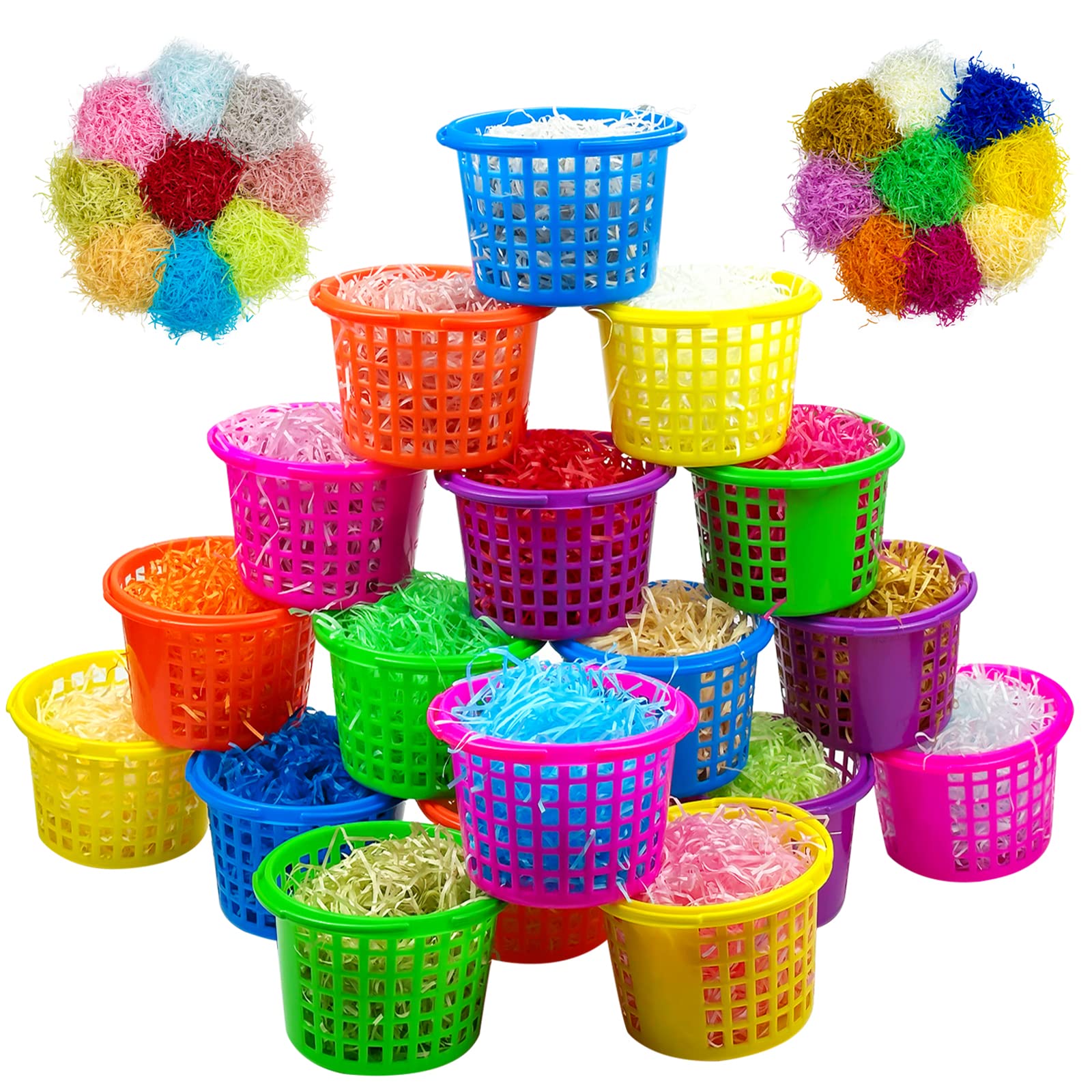 18 + 18 Pack Easter Plastic Baskets for Kids with 180g Paper Shred Easter Grass, Round Gift Basket Bulk for Easter Party Egg Hunts, Theme Party Favors Decorations