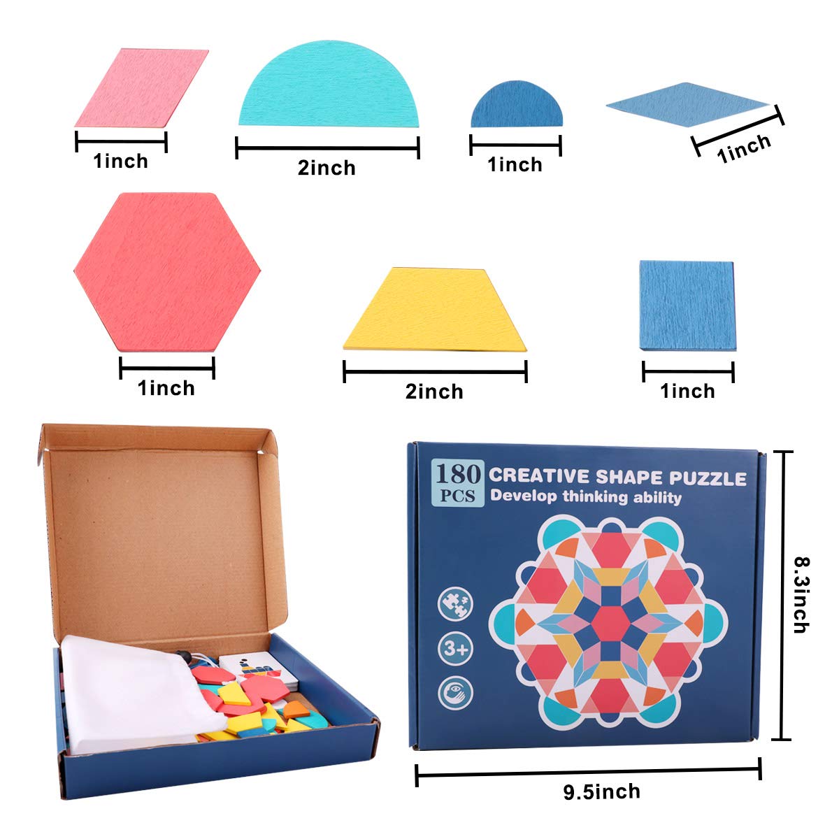 180 Pcs Wooden Pattern Blocks Set Geometric Manipulative Shape Puzzle Kindergarten Classic Educational Montessori Tangram Toys Kids Ages 4-8 Jigsaw Puzzles Gift, 24 Pcs Design Cards