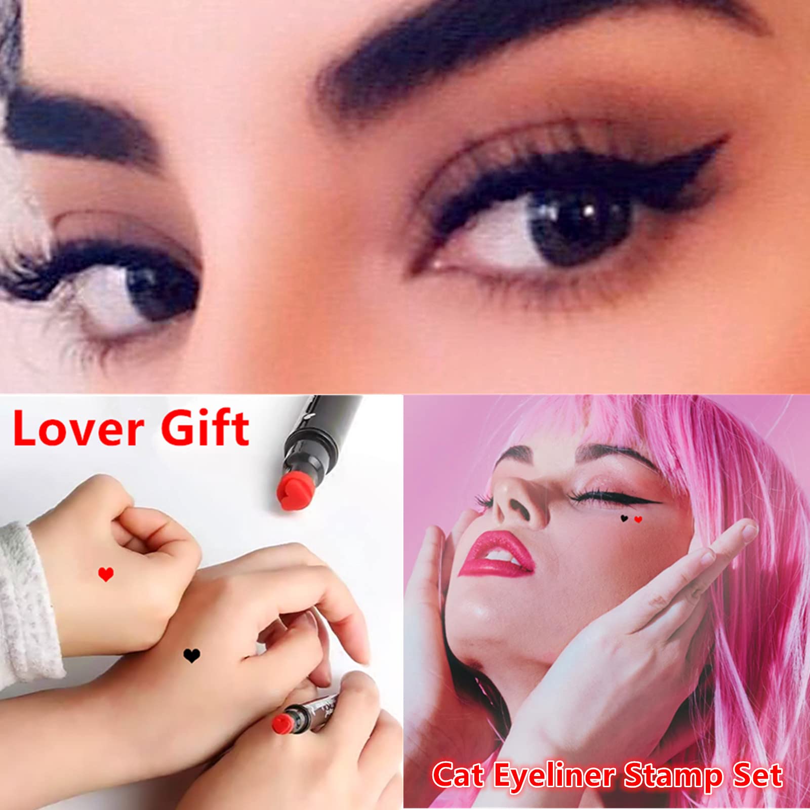 Go Ho 2 PCS Waterproof Liquid Eyeliner Stamps,Double-side Black&Red Smudge-proof Eye Liner,Heart Stamp Eyeliner for Harley Costume Makeup,Long-lasting Love Tattoo Tools for Valentines Day