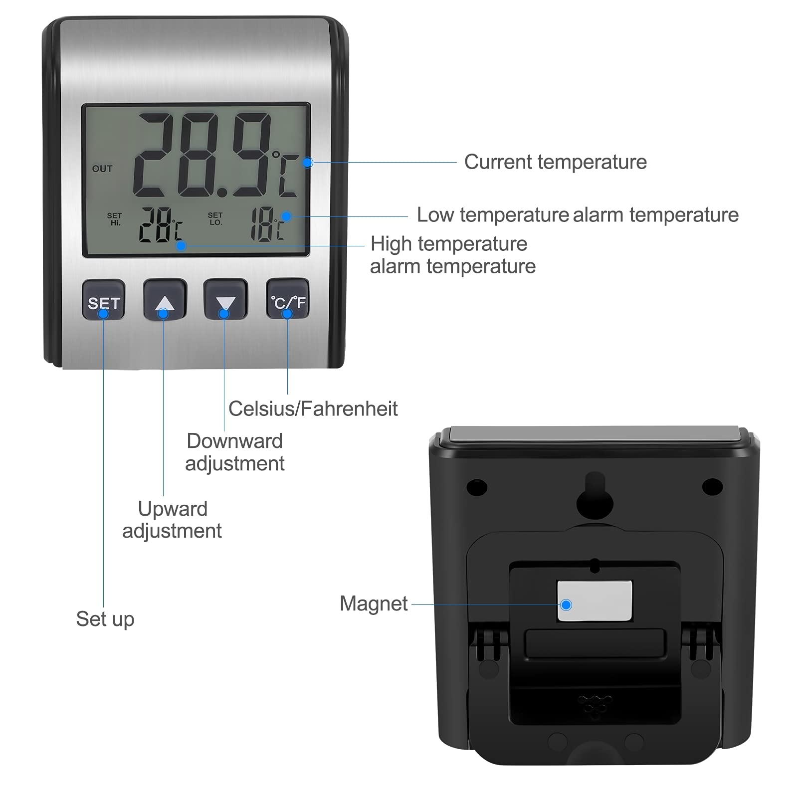 2 PCS Fridge Refrigerator Thermometer Freezer Thermometer high and Low Temperature Alarm Extra Sensor Big LCD Stainless Panel (2)