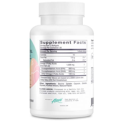 Alani Nu Omega 3 Fish Oil, 1500MG, 800mg EPA, 600mg DHA, Gluten-Free, (60 Softgels) 30 Servings