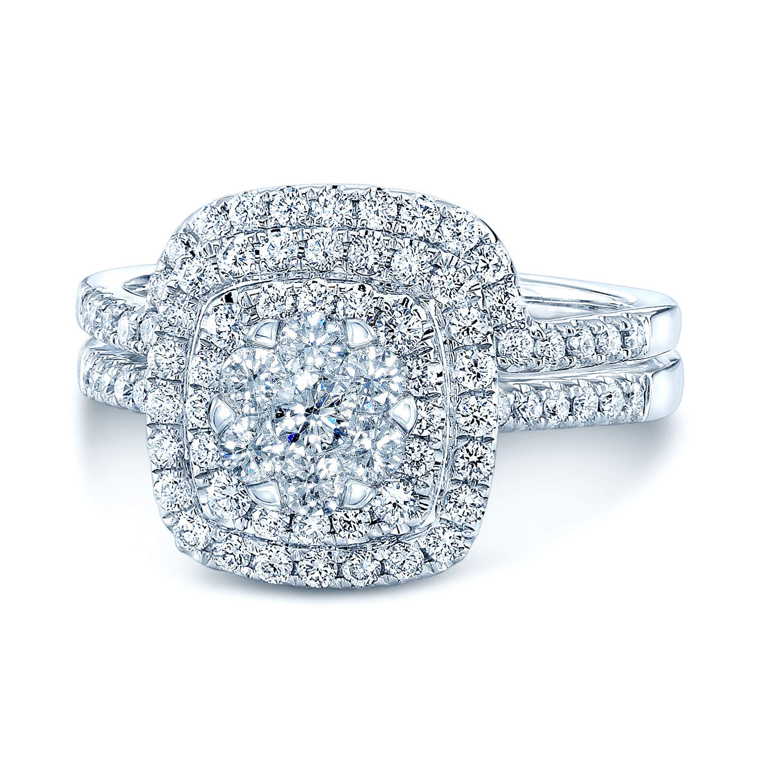 14K White Gold 0.95 Cttw Diamond Cushion-Shape Double Halo Cluster Entourage Wedding & Engagement Ring Set (H-I Color), Size 7