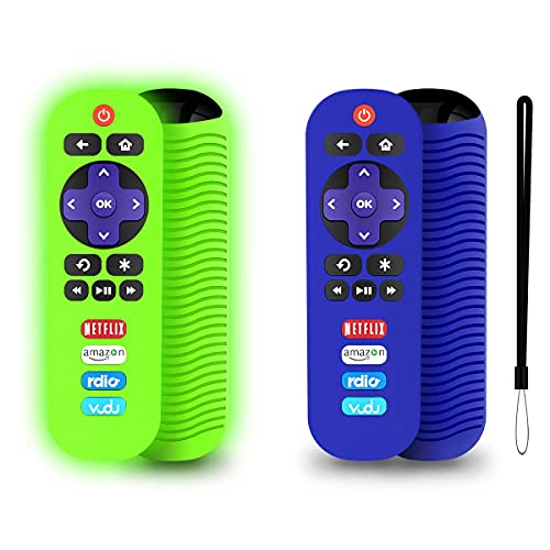 2 Pack Silicone Case for TCL Roku TV RC280 Remote, Protective Universal Replacement Lightweight Shockproof TCL Roku TV Remote Cover with Lanyard (Blue+ Glowing Green)