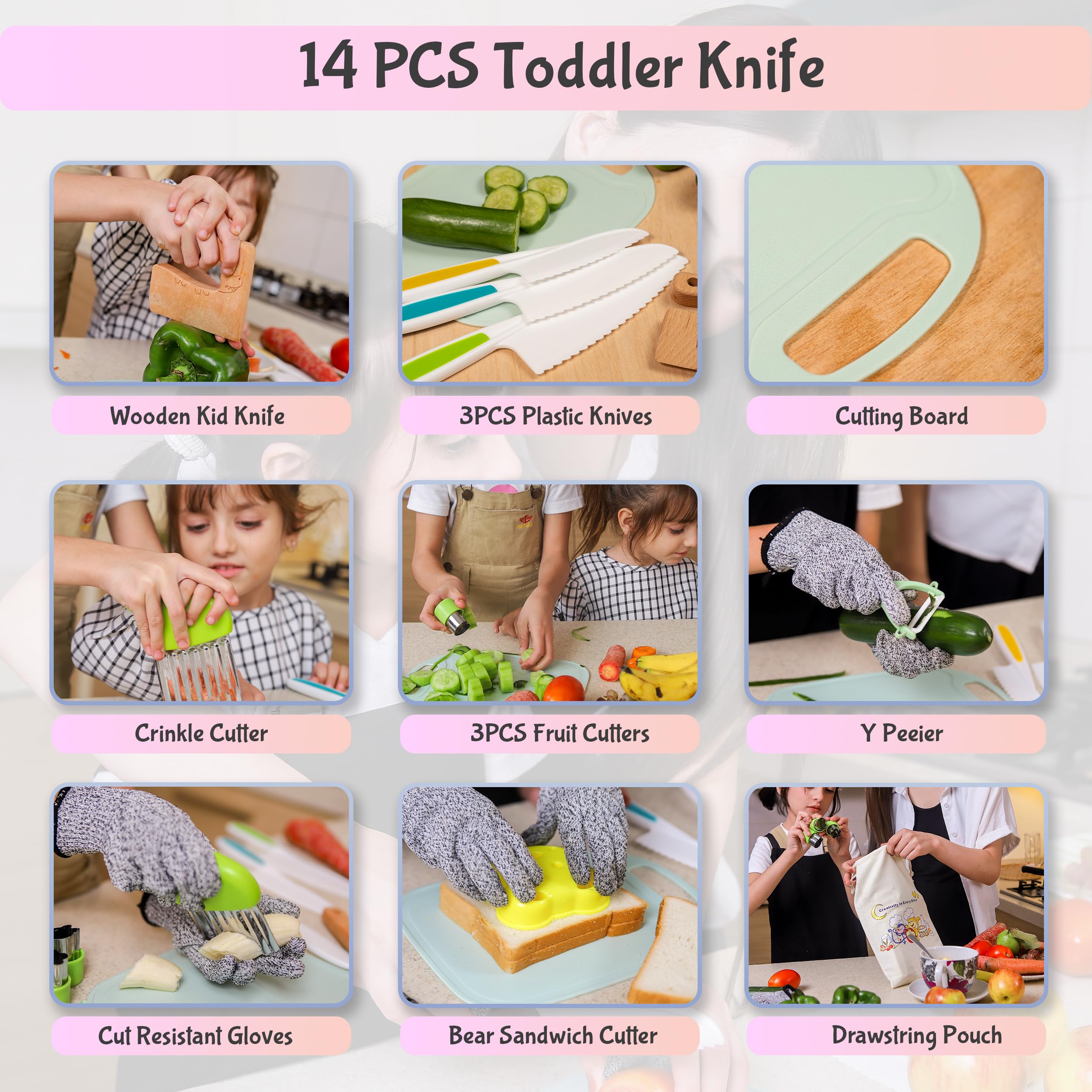 14-Piece Montessori Kitchen Tools Kids Knife Set with Gloves, Cutting Board, Fruit & Vegetable Crinkle Cutters, Safe Serrated Edges, and Plastic Toddler Knives for Real Cooking Experience - Monkey
