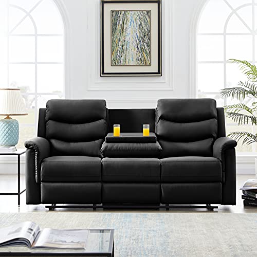 3 Seaters Manual Wall Hugger Chair RV Sofa, Faxu Leather Double Reclining Sectional Loveseat Couch with Fold-Down Table 2 Cup Holders & Pillow Top Armrest for Living Room/Apartment/Office/Theater