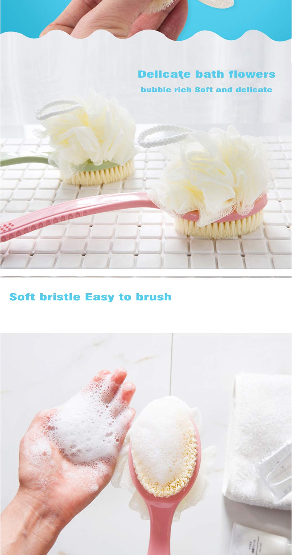 AARainbow 2 Packs Shower Body Brush with Bristles and Loofah, Back Scrubber Mesh Sponge with Curved Long Handle for Skin Exfoliating Bath, Massage Bristles Suitable for Men and Women (1Gray+1Pink)