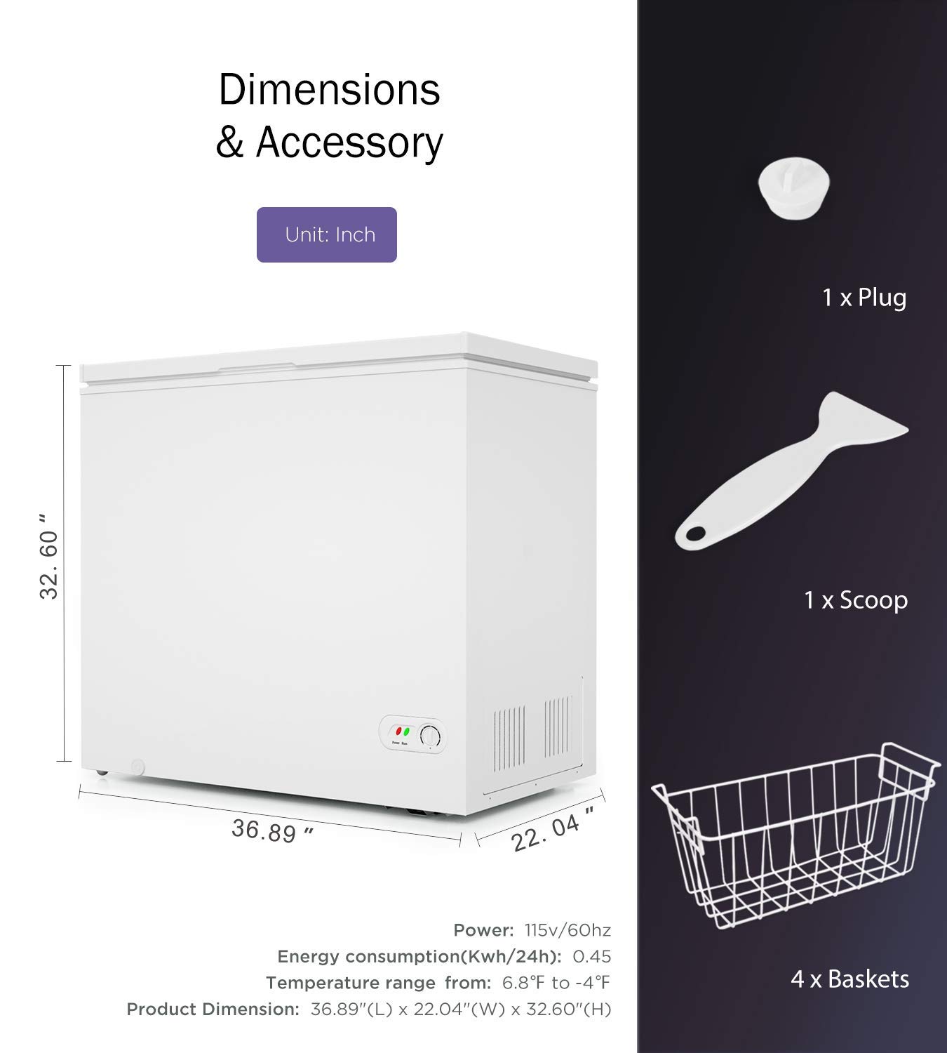 5.0 Cubic Feet Chest Freezer with Removable Basket, from 6.8℉ to -4℉ Free Standing Compact Fridge Freezer for Home/Kitchen/Office/Bar (WHITE)…